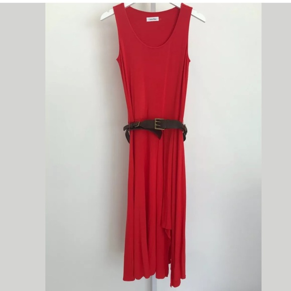 Calvin Klein | Dresses | Calvin Klen Red Sleeveless Belted Dress 2 ...